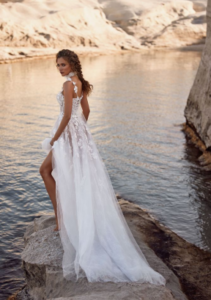 long a-line wedding dress with corset and slit - LEAH - Lucia Sposa ...