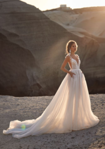 long a-line wedding dress with corset and slit - LEAH - Lucia Sposa ...