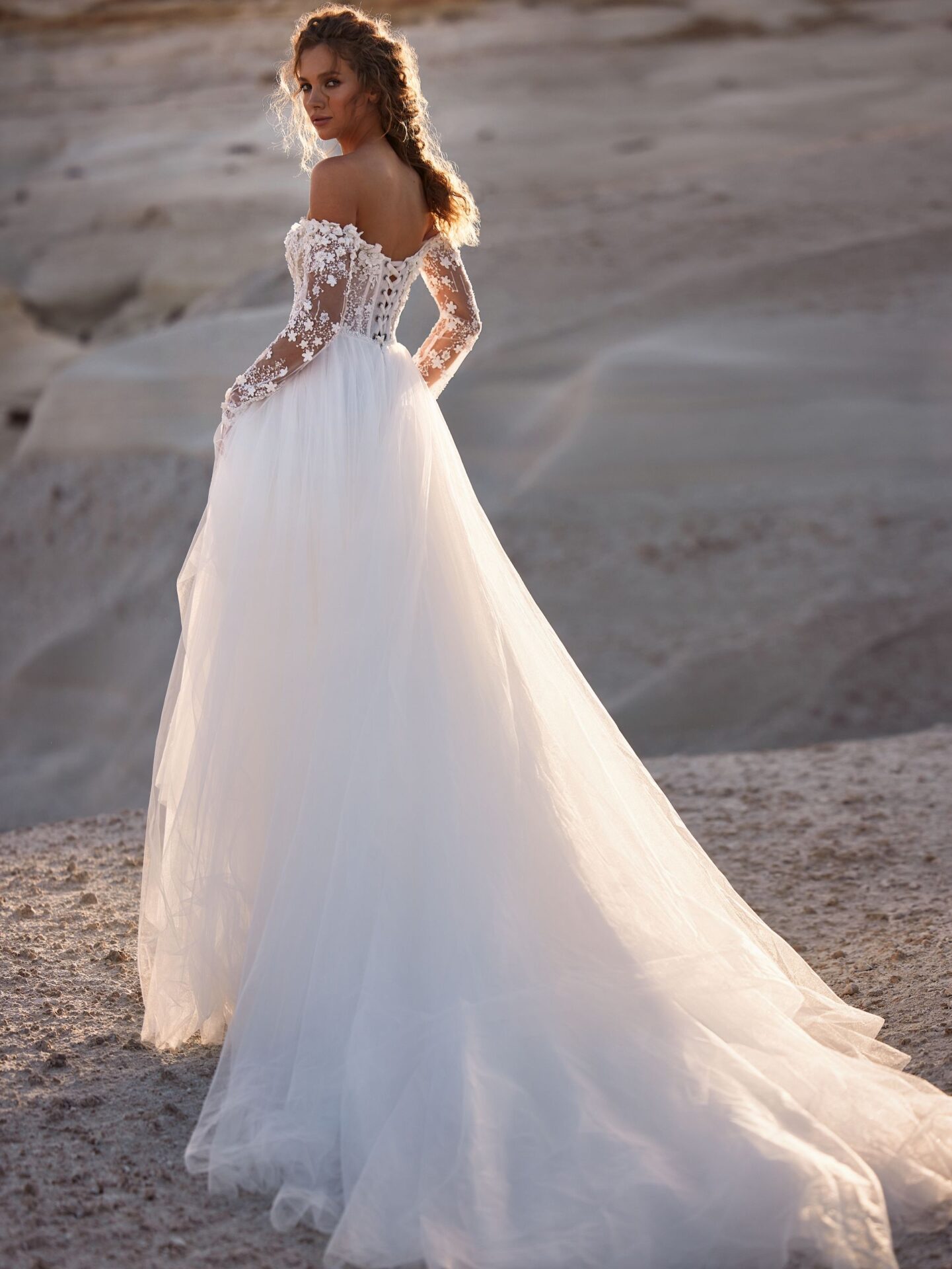 Off-the-shoulder floral lace sleeve wedding dress - DEMETRA - Lucia ...