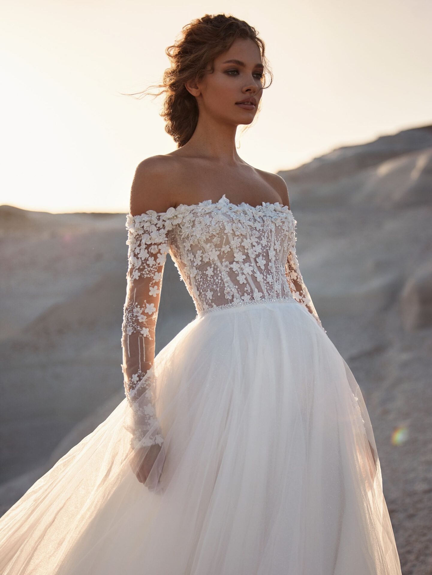 Off-the-shoulder floral lace sleeve wedding dress - DEMETRA - Lucia ...