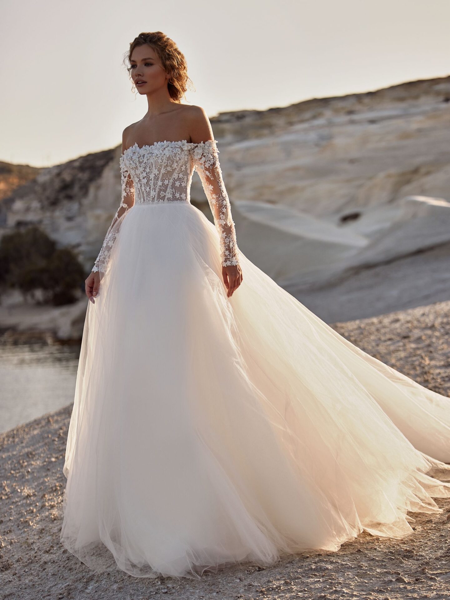 Off-the-shoulder floral lace sleeve wedding dress - DEMETRA - Lucia ...